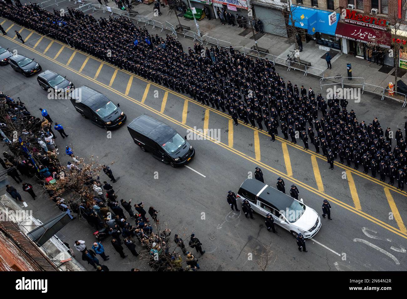 New York, USA. 09th Feb, 2023. As the hearse with the casket of NYPD ...