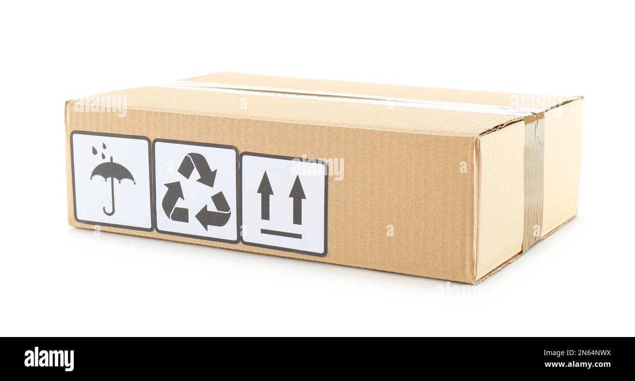Cardboard box with shipping label isolated on white Stock Photo - Alamy