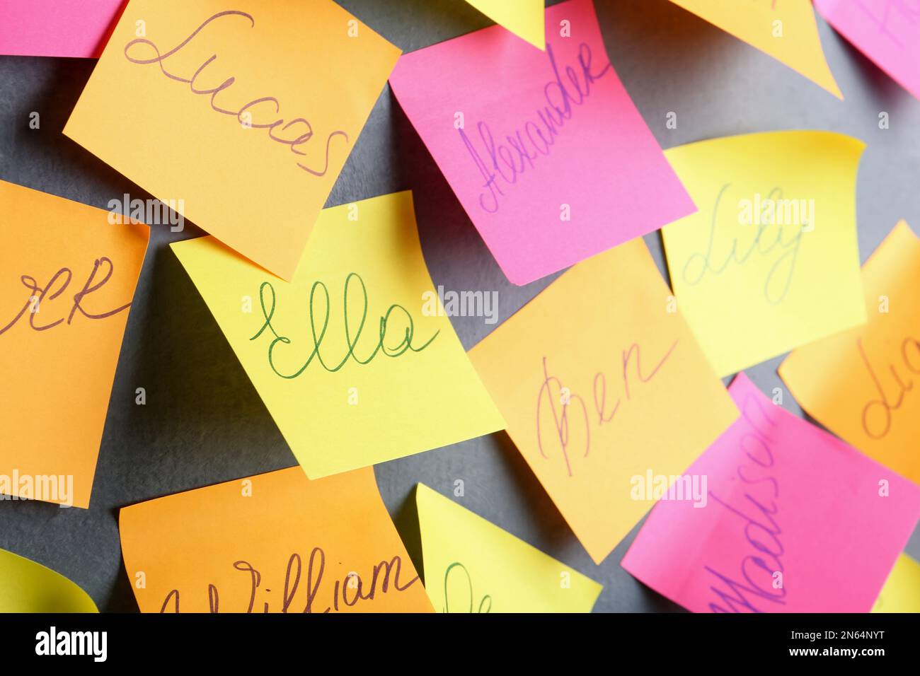 Paper notes with different baby names on grey wall Stock Photo - Alamy