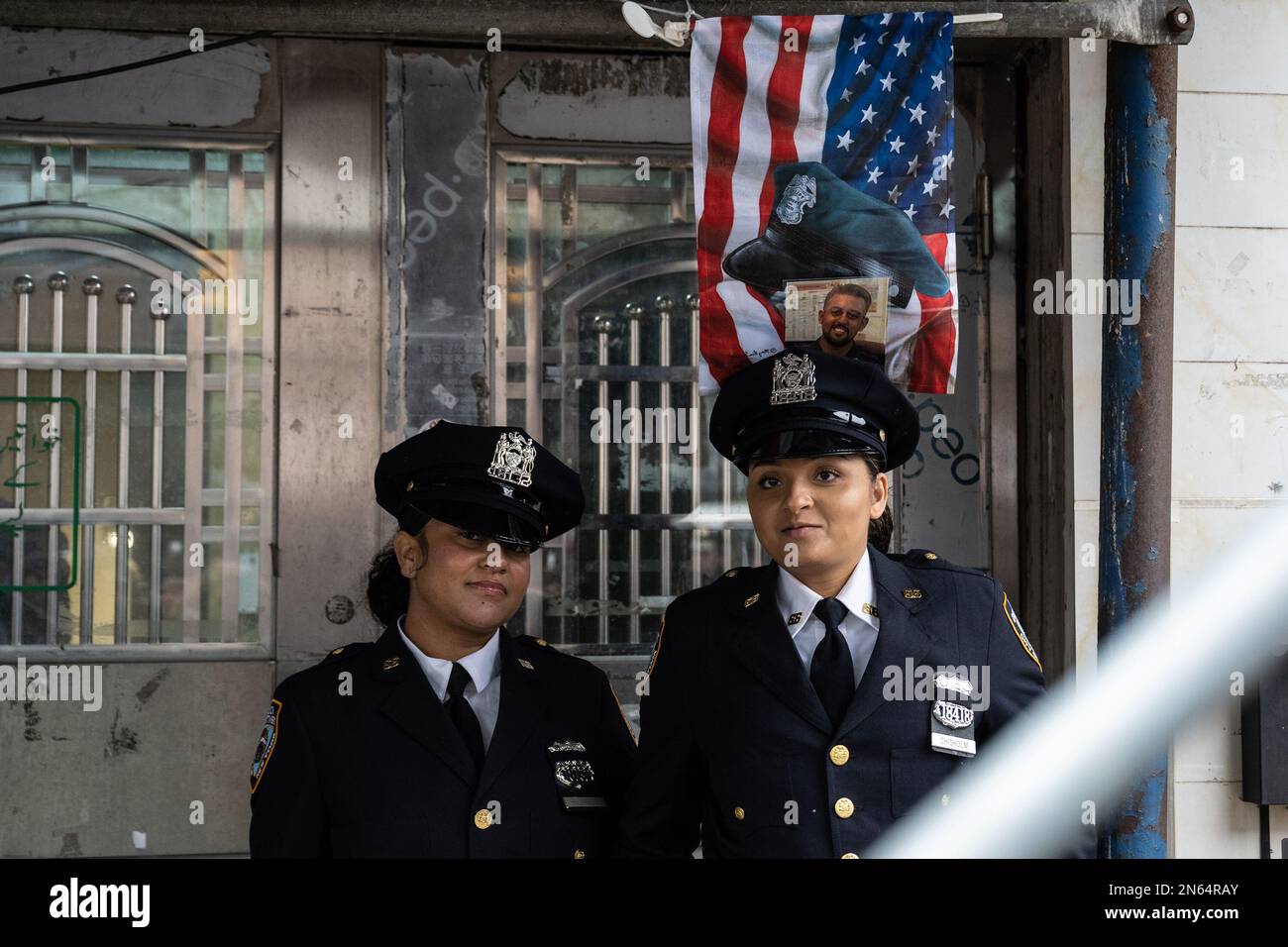 New York, USA. 09th Feb, 2023. Two NYPD officers attend the funeral for ...
