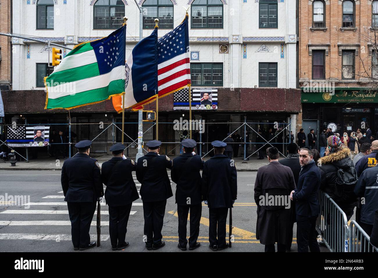 New York, USA. 09th Feb, 2023. NYPD officers present the flags at the ...
