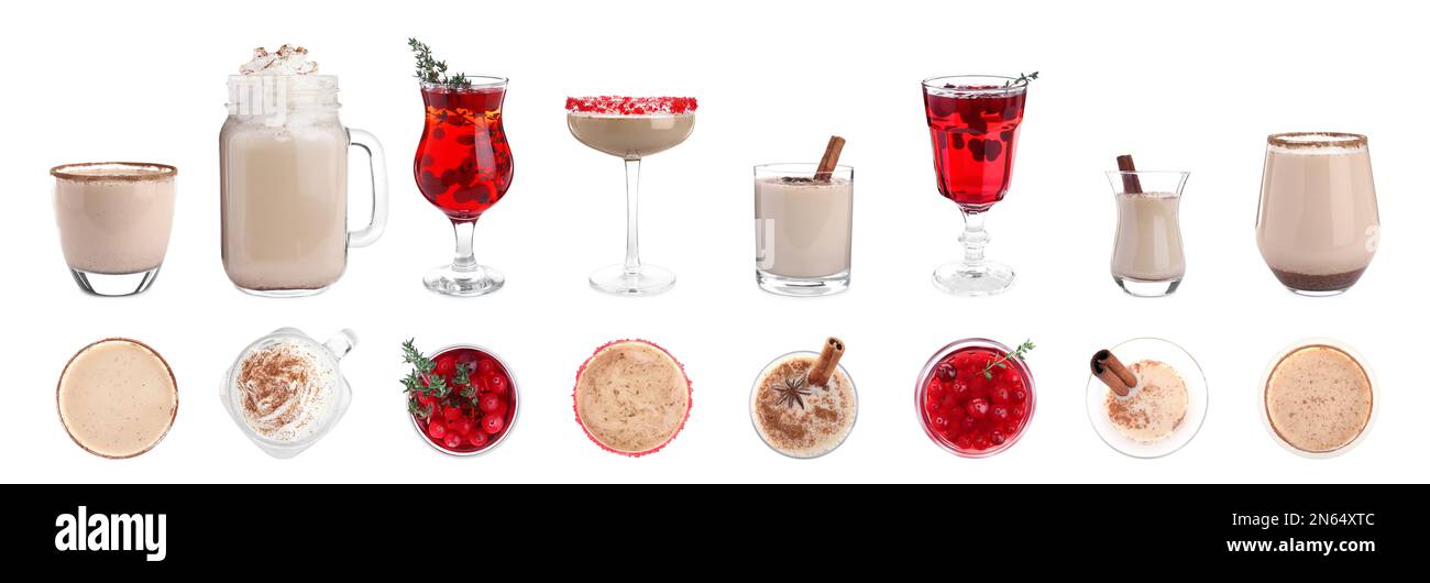 Set of tasty cocktails with liqueurs isolated on white. Banner design ...
