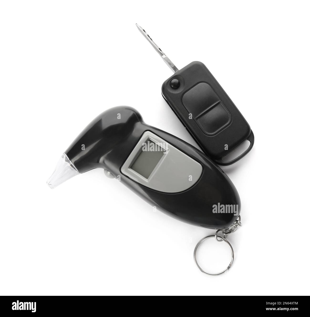 Modern breathalyzer and car key on white background, top view Stock ...