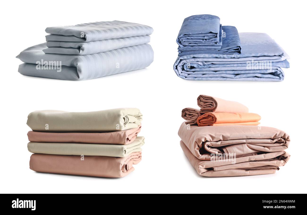 Set with stacks of clean bed linen on white background Stock Photo - Alamy