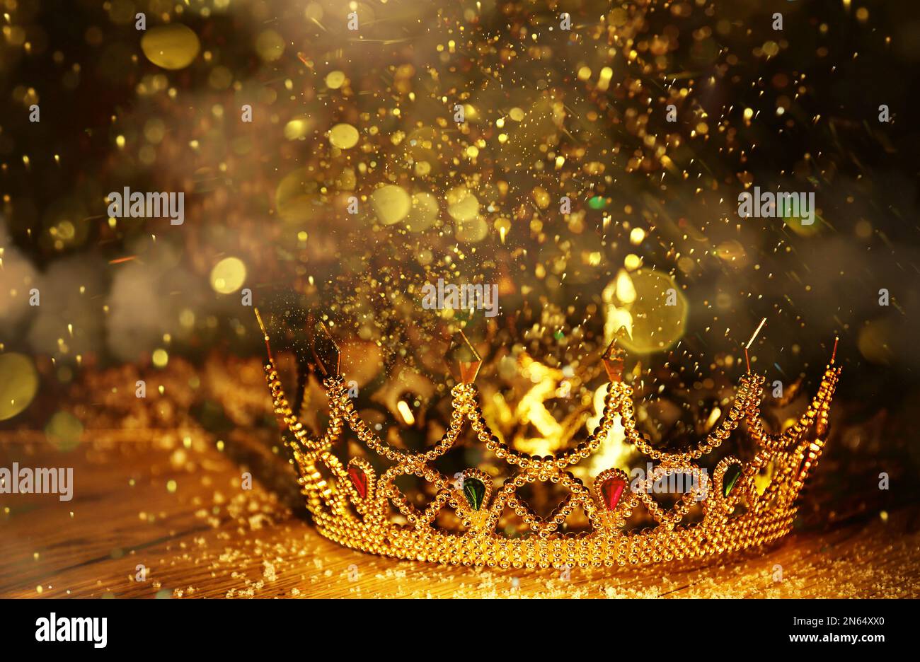 Fantasy World Beautiful Golden Crown On Table Bokeh Effect Stock