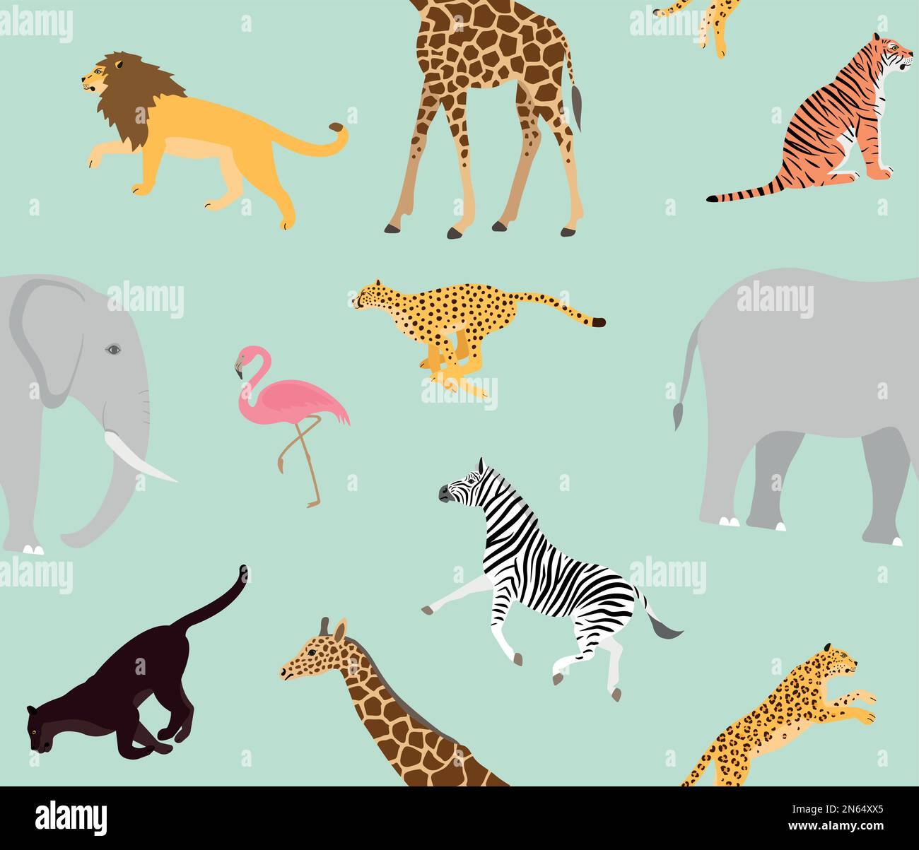 Vector seamless pattern of flat african wild animals isolated on mint ...