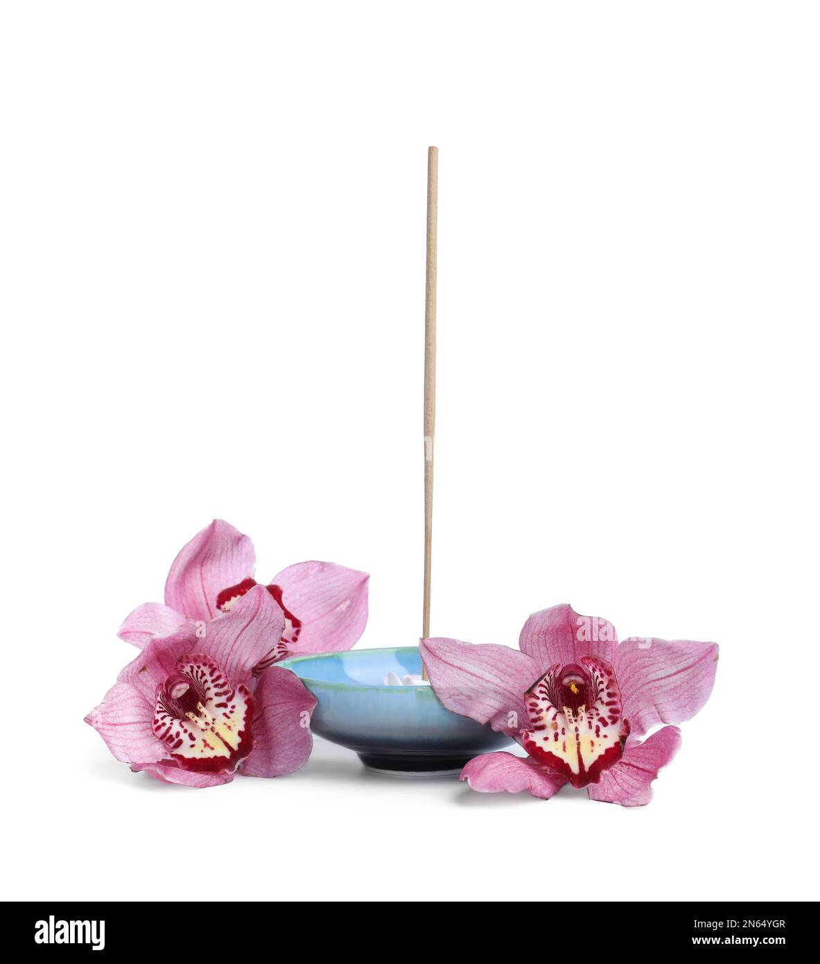 Aromatic incense stick and orchid flowers on white background Stock ...