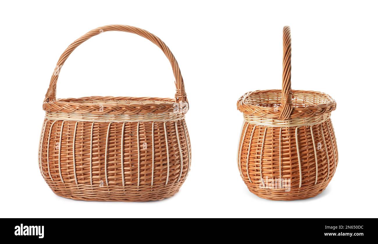 Empty wicker baskets on white background Stock Photo - Alamy