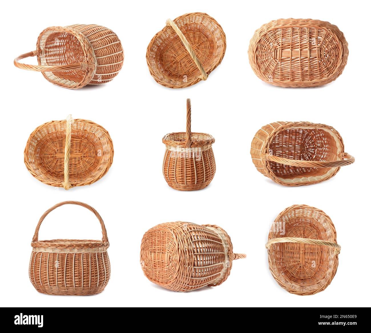 Set with empty wicker baskets on white background Stock Photo - Alamy
