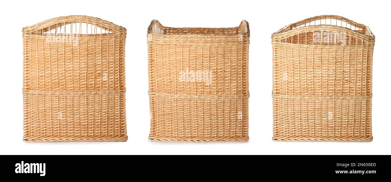 Set with empty wicker baskets on white background, banner design Stock ...