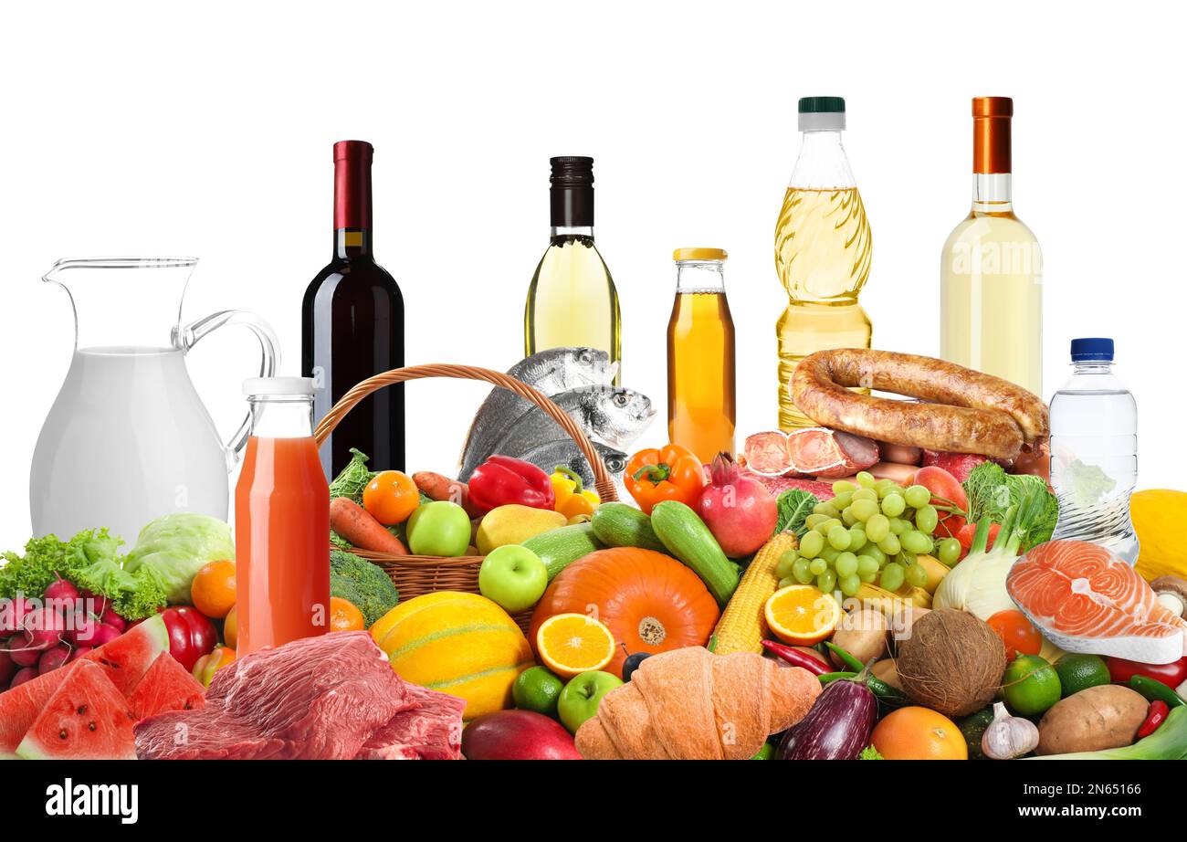 Assortment of fresh organic products on white background. Balanced food ...