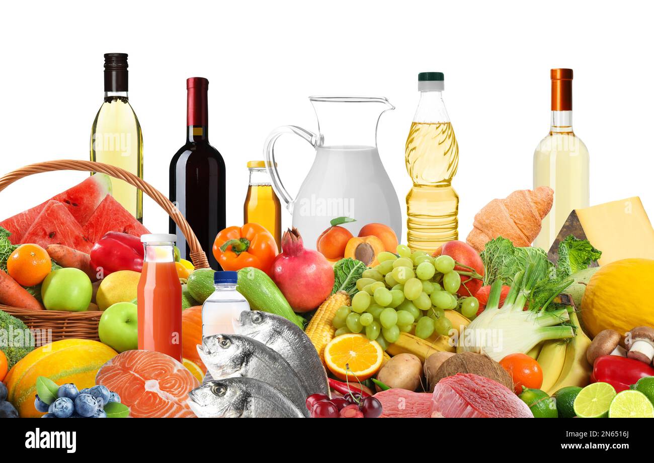 Assortment of fresh organic products on white background. Balanced food ...