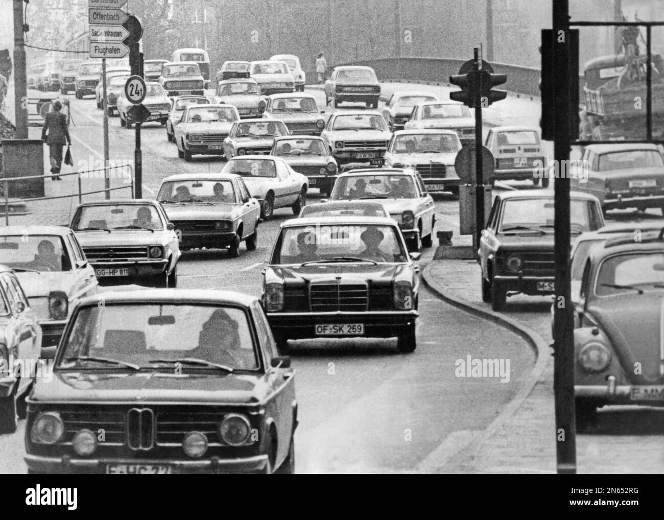Cars congest a junction in November 1973 in Frankfurt, Germany, before ...