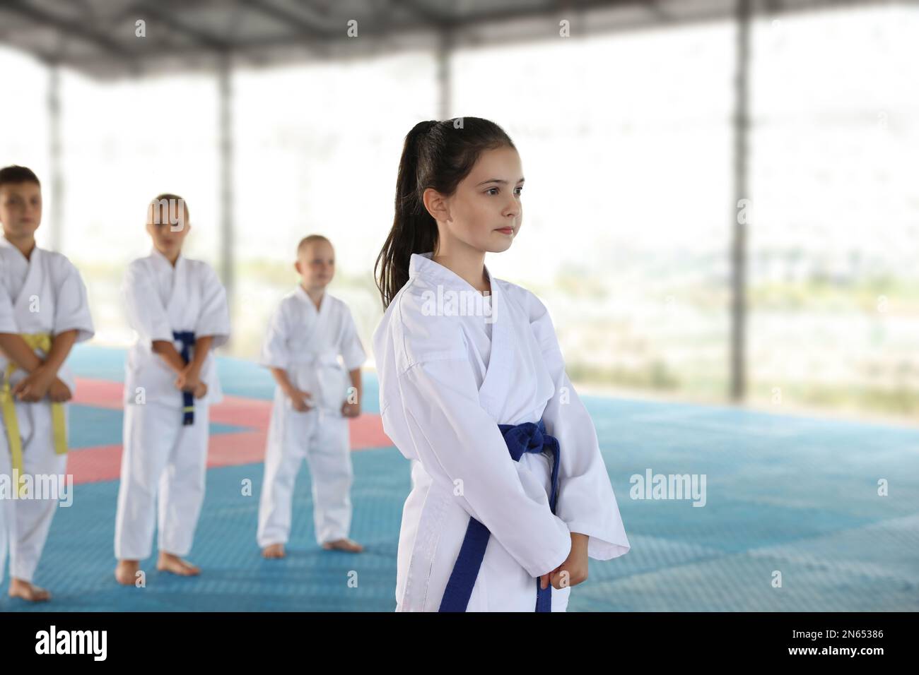 Girl in kimono during karate practice on tatami outdoors Stock Photo ...