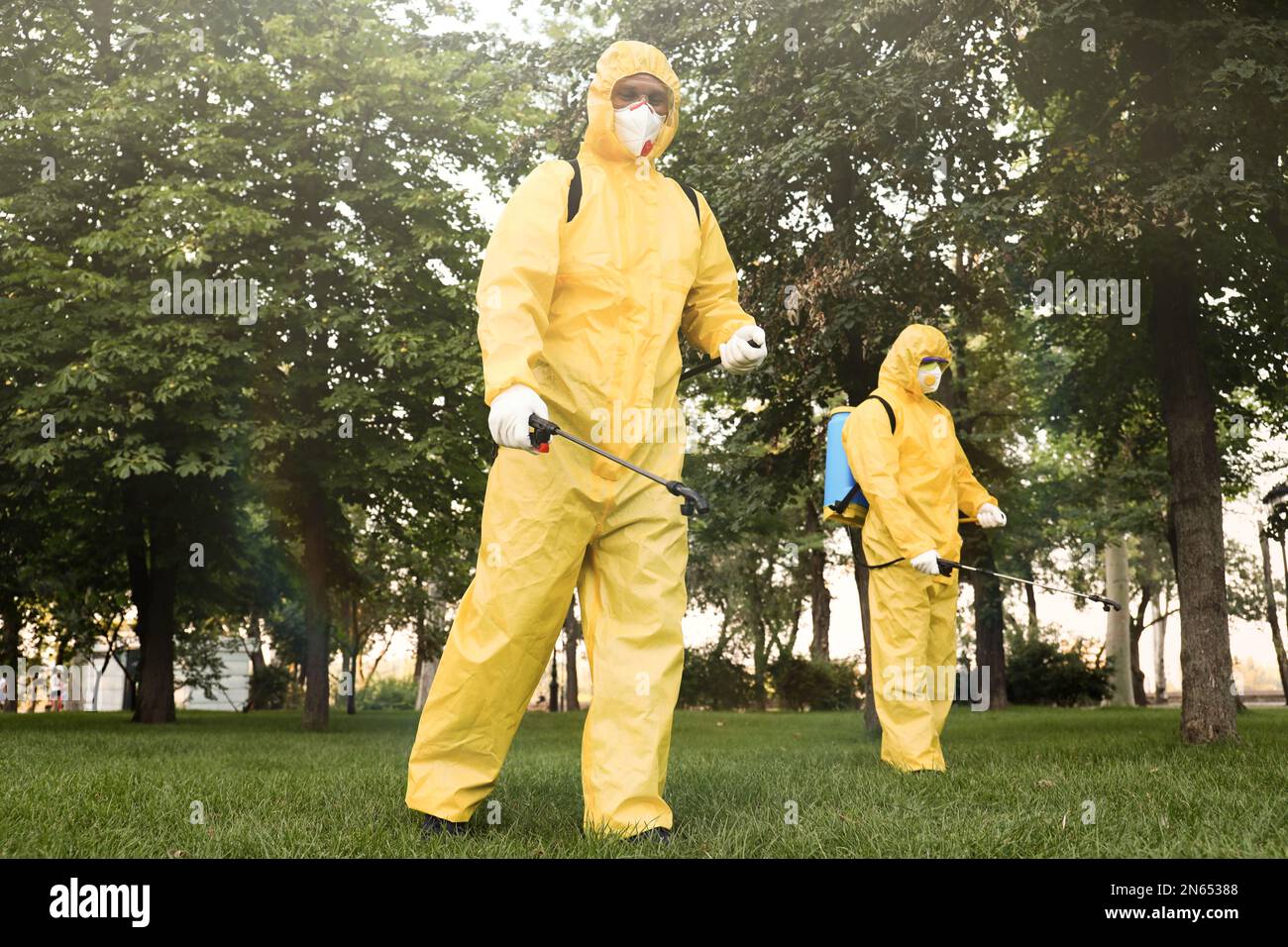 Workers spraying pesticide onto lawn outdoors. Pest control Stock Photo ...