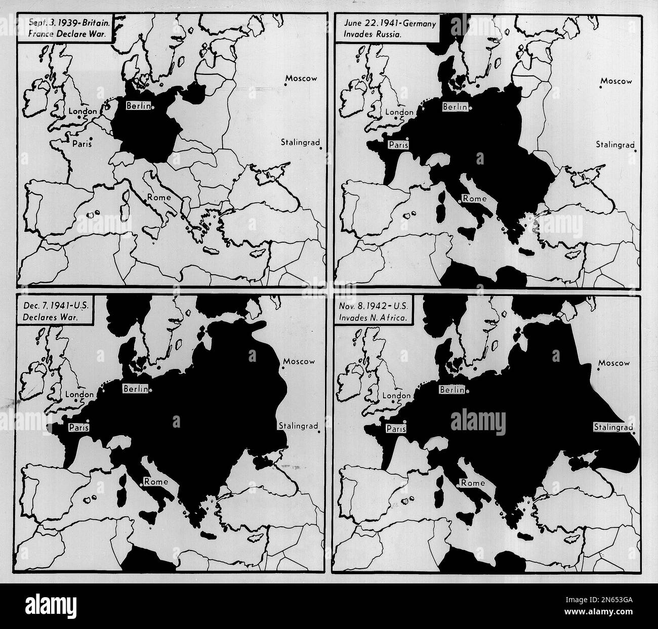 Map shows German holdings in Europe (in black) in four stages of World ...