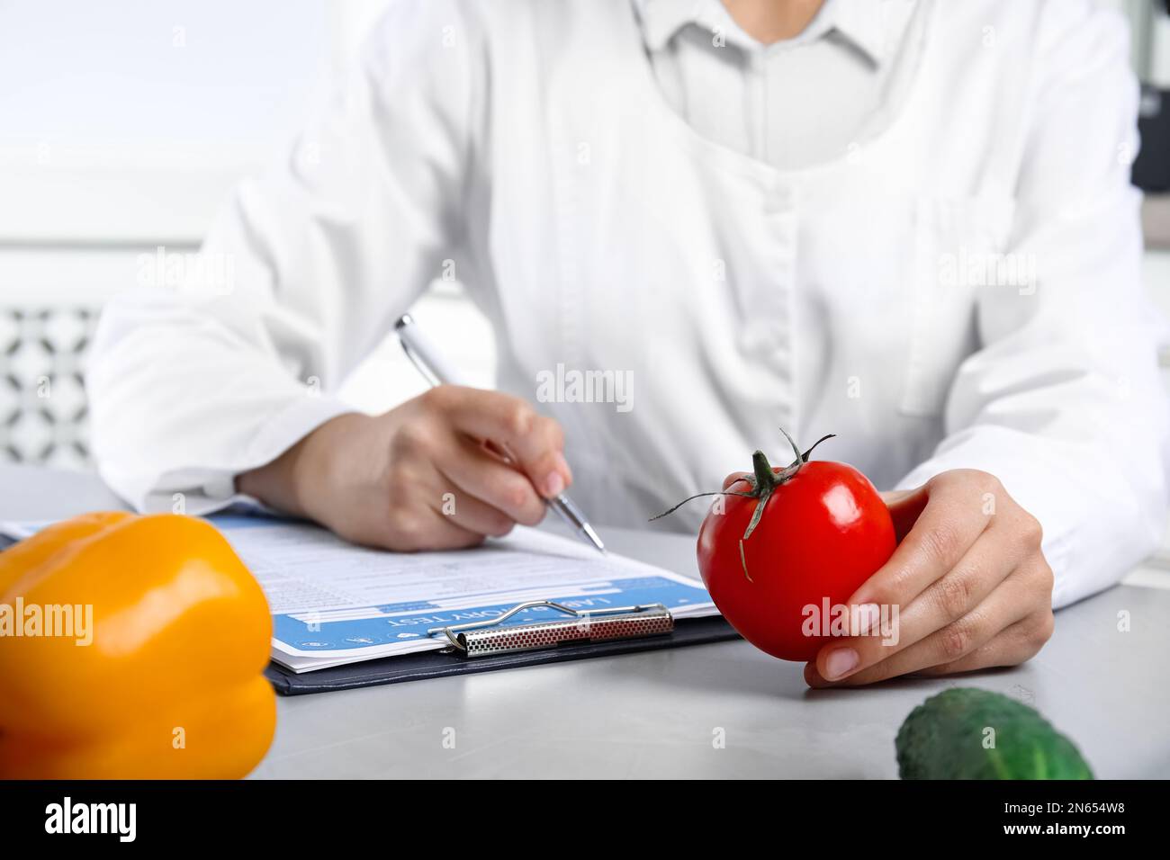 Scientist with laboratory test form and fresh tomato at table indoors ...