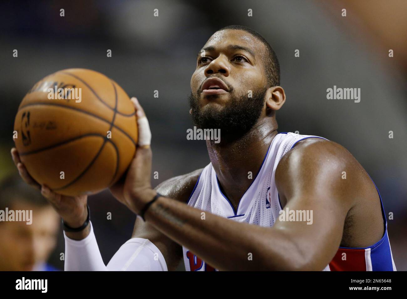 Detroit Pistons power forward Greg Monroe prepares to shoot a free ...