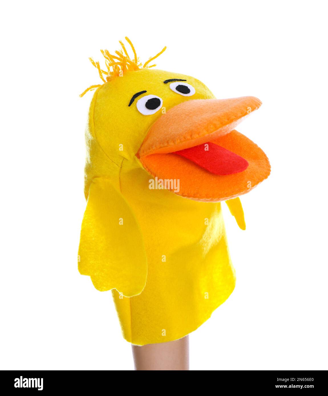 Duck puppet for show on hand against white background Stock Photo - Alamy