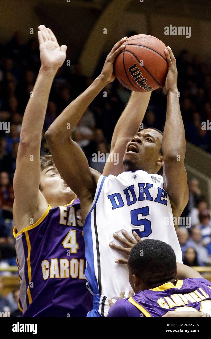 Duke's Rodney Hood (5) shoots as East Carolina's Marshall Guilmette ...