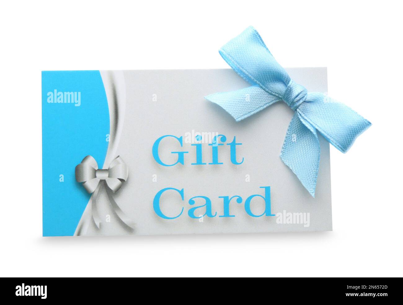 Gift card with bow isolated on white Stock Photo - Alamy