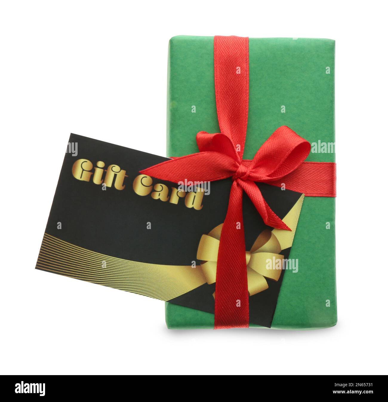 Gift card and present on white background Stock Photo - Alamy