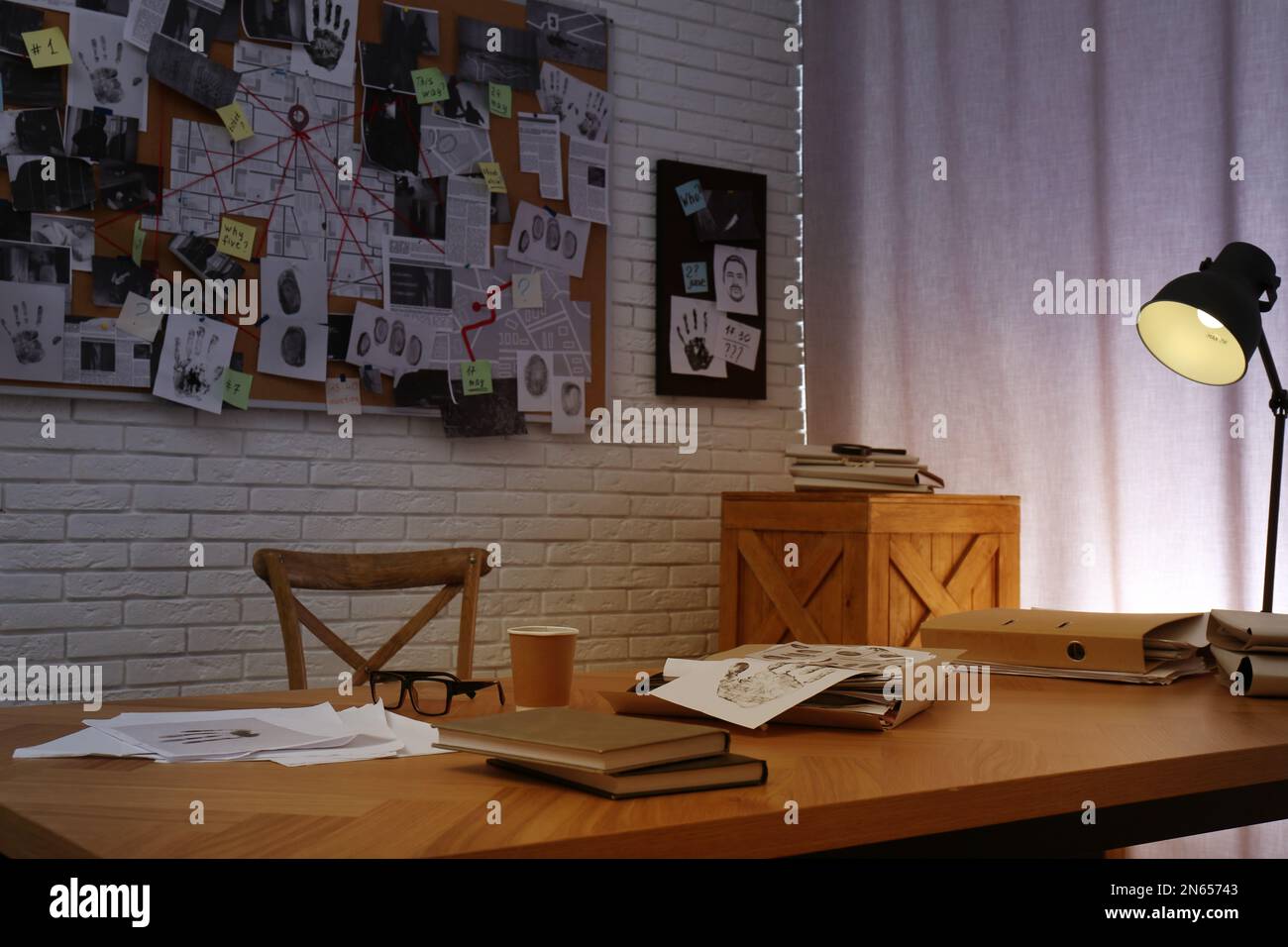 Detective office interior with workplace and investigation board Stock ...