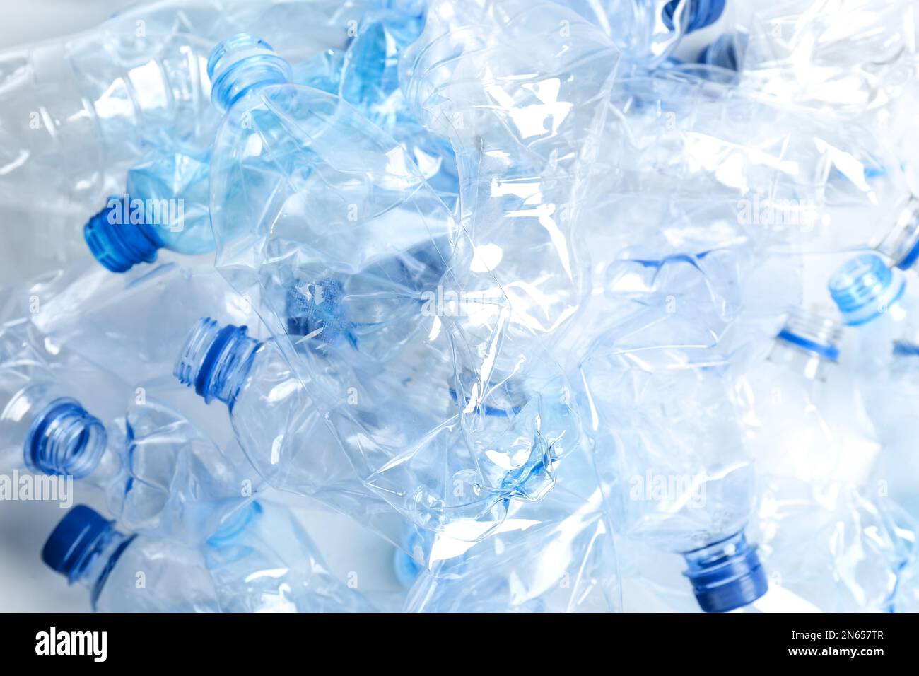 Many used plastic bottles as background, closeup. Recycling problem ...