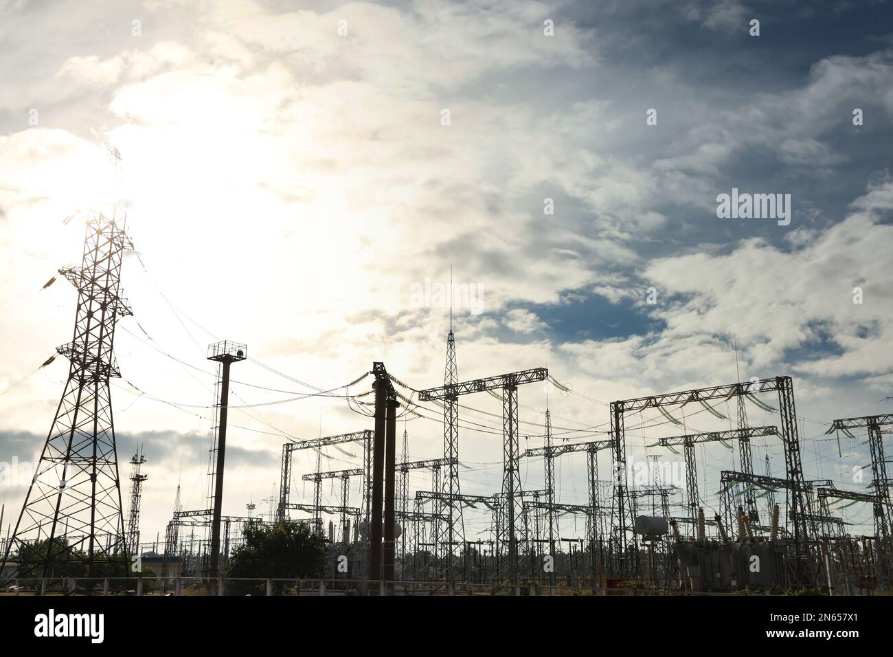 Modern electrical substation on sunny day, low angle view Stock Photo ...