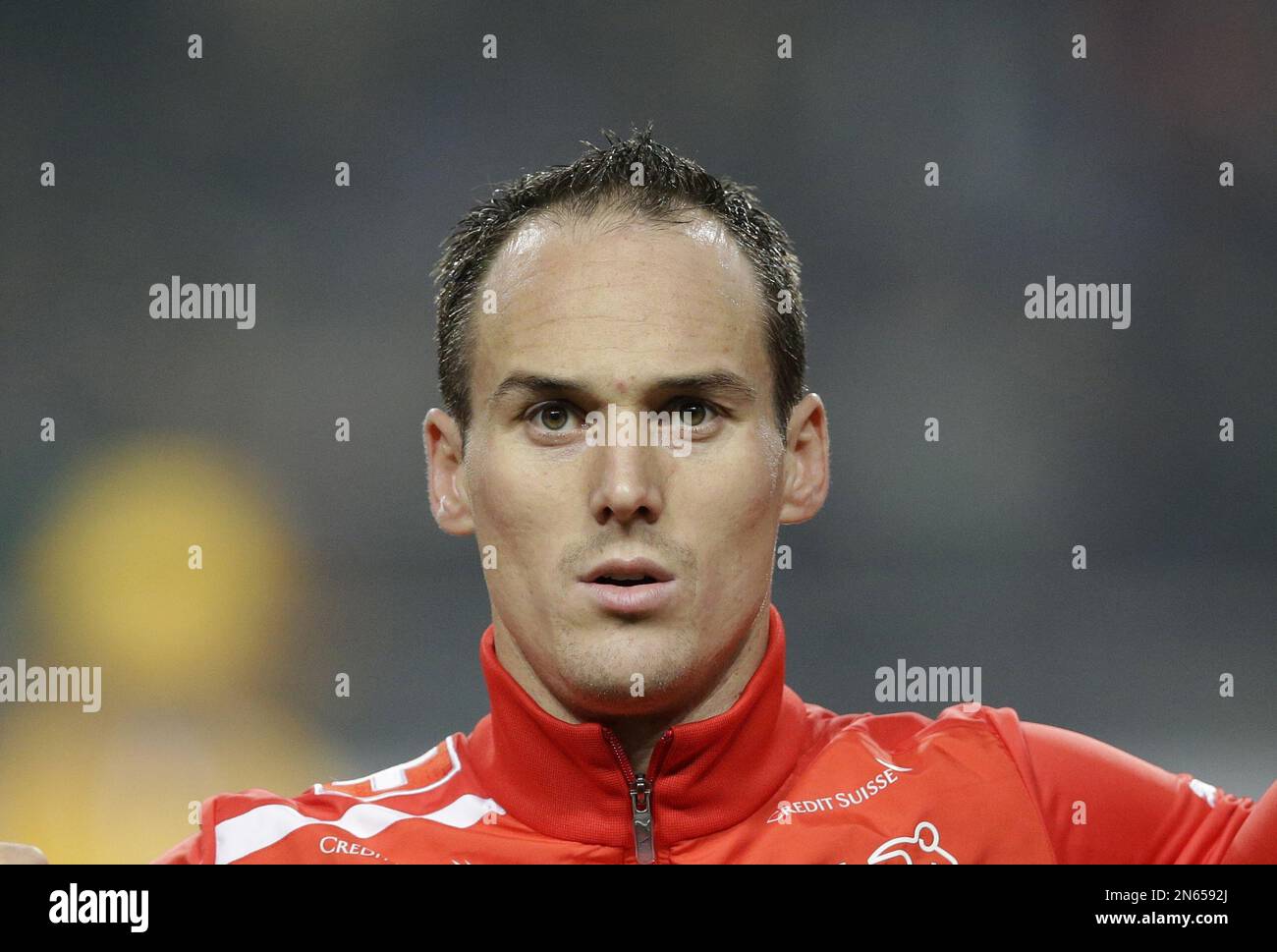 Switzerland's Steve Bergen lines up before their friendly soccer match ...