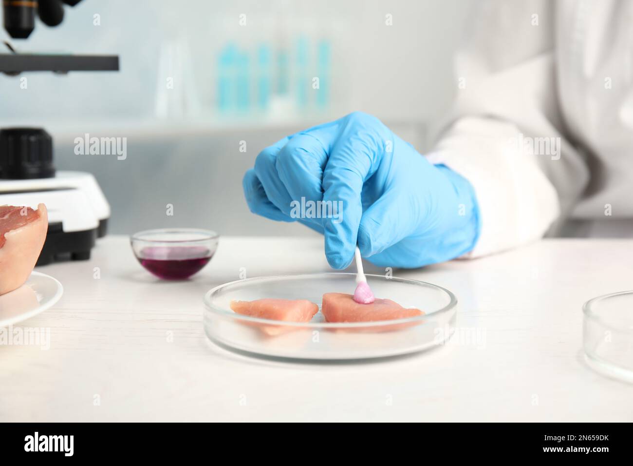 Scientist inspecting meat at table in laboratory, closeup. Poison ...