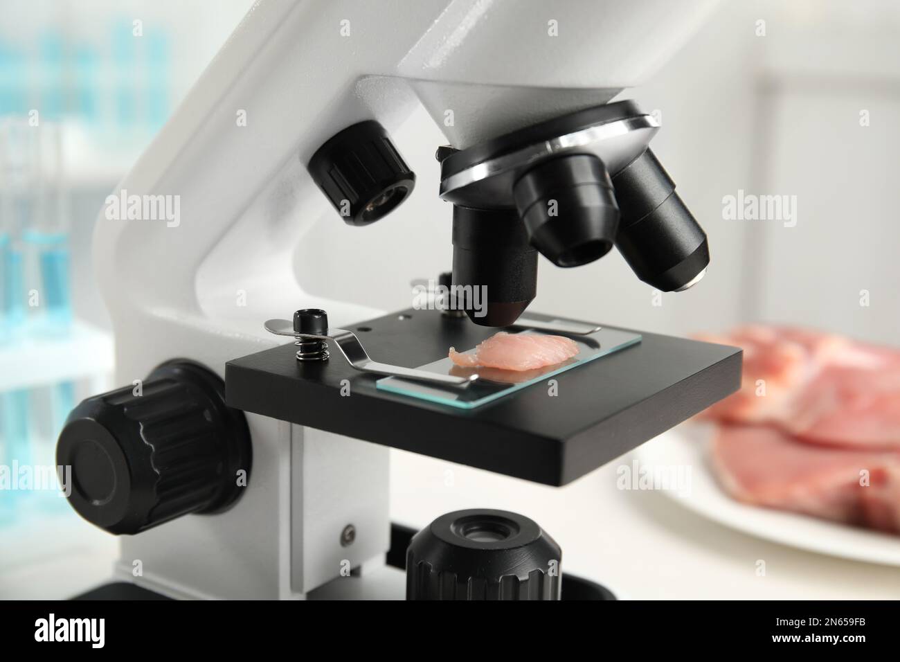 Slide with meat sample on microscope in laboratory, closeup. Poison ...