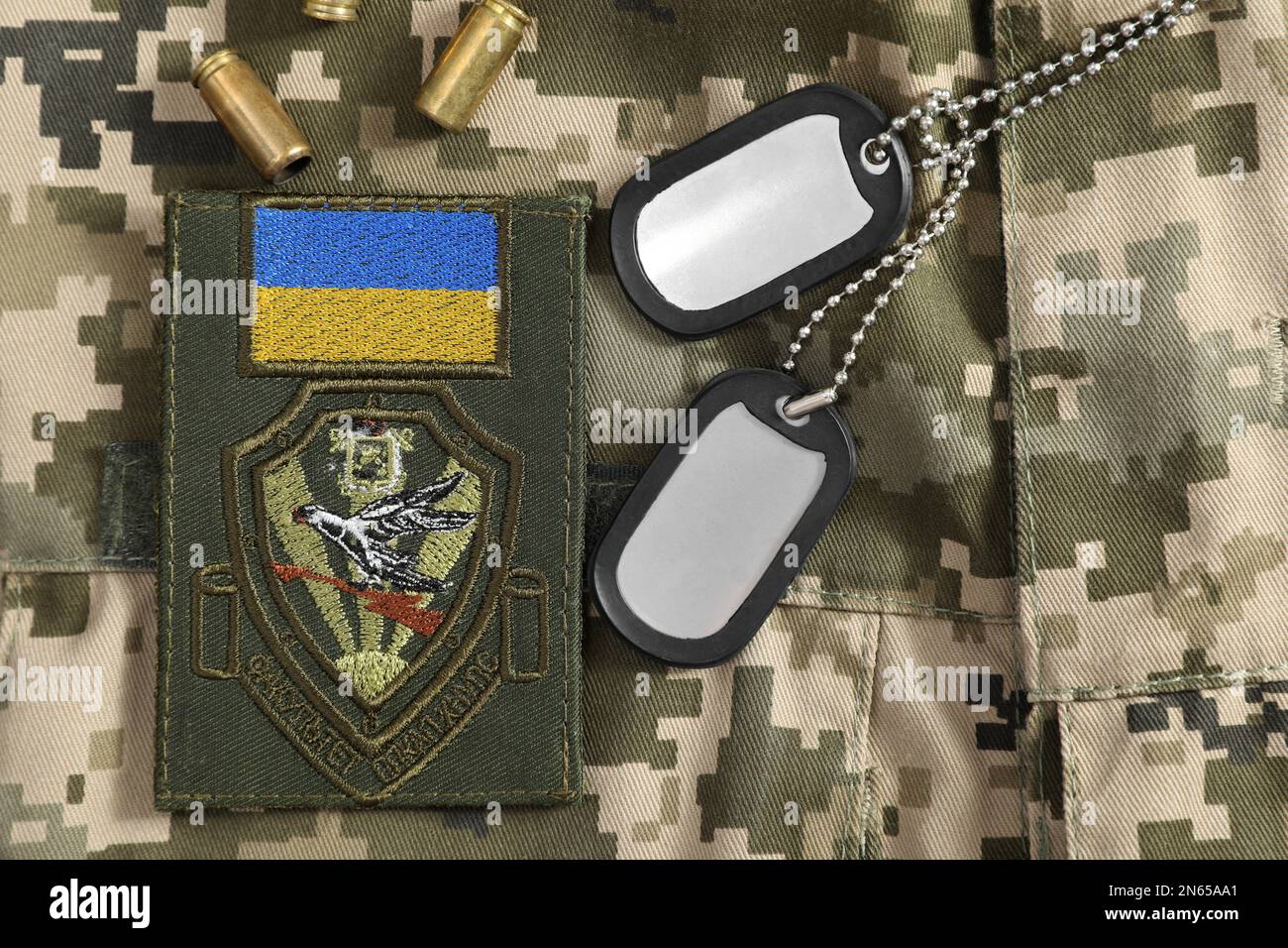 MYKOLAIV, UKRAINE - SEPTEMBER 26, 2020: Metal military ID tags, bullet ...