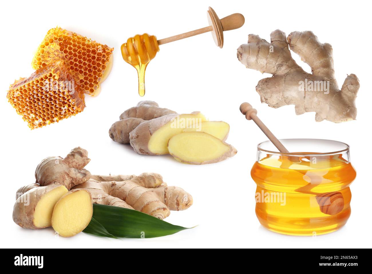 Set with ginger root and honey on white background Stock Photo - Alamy