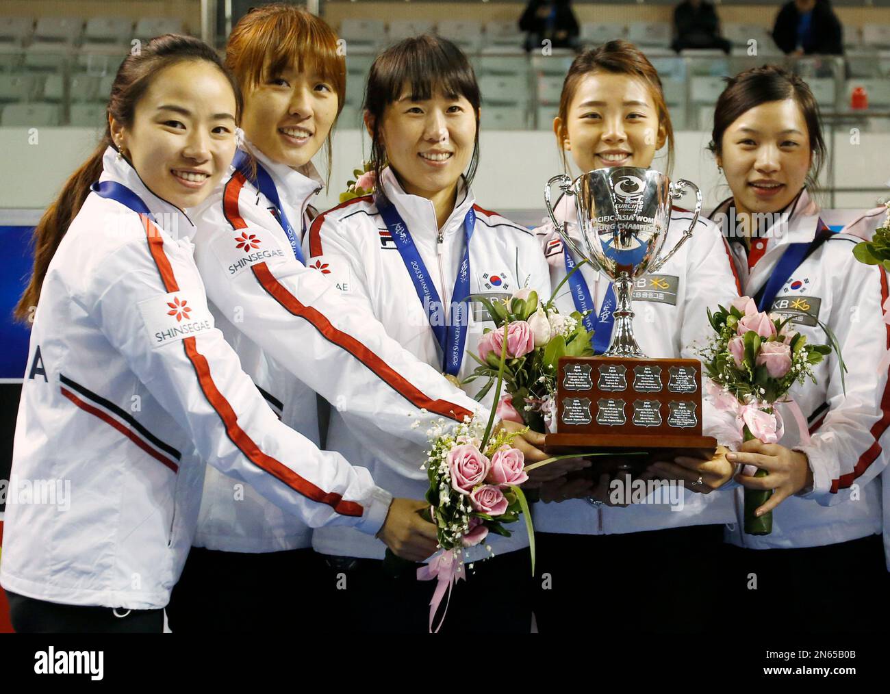South Korean players from left, Kim Ji-sun, Gim Un-chi, Shin Mi-Sung, Lee Seul-bee and Um Min-ji ...