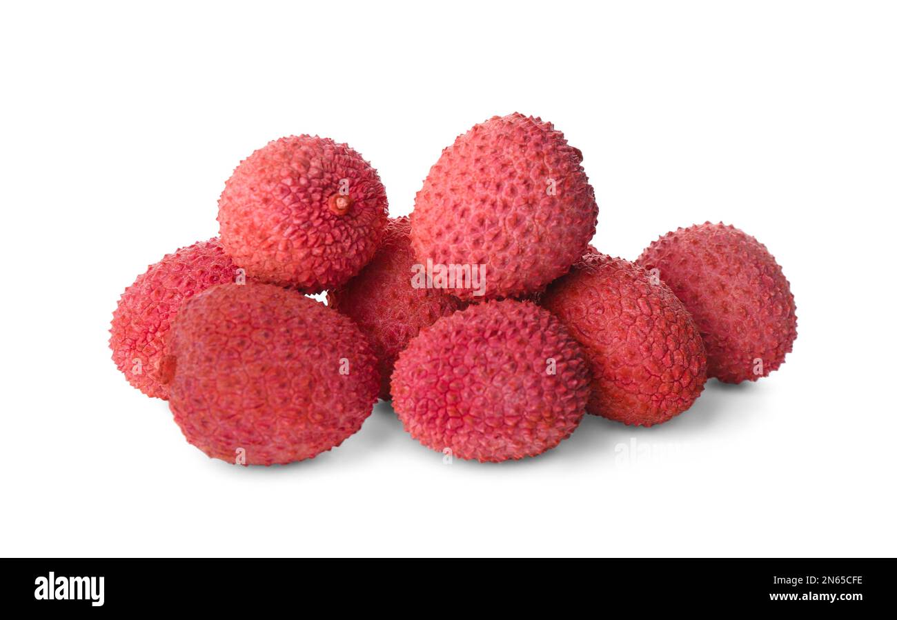 Pile of fresh ripe lychees on white background Stock Photo - Alamy