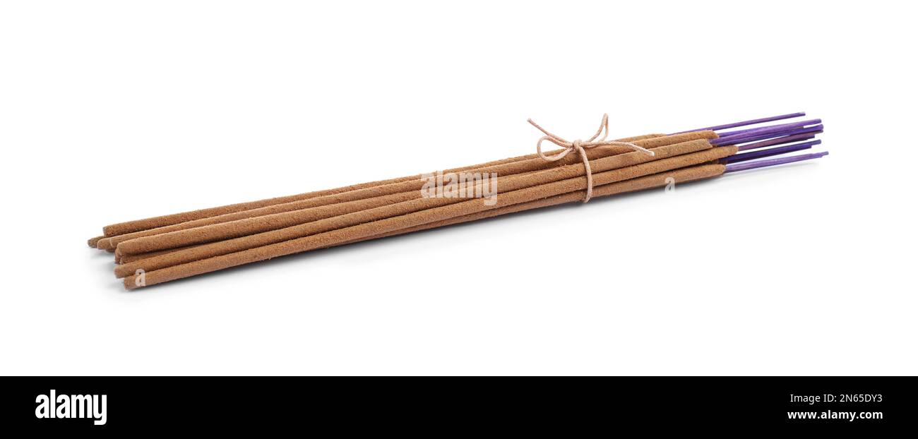 Many aromatic incense sticks tied with twine on white background Stock ...