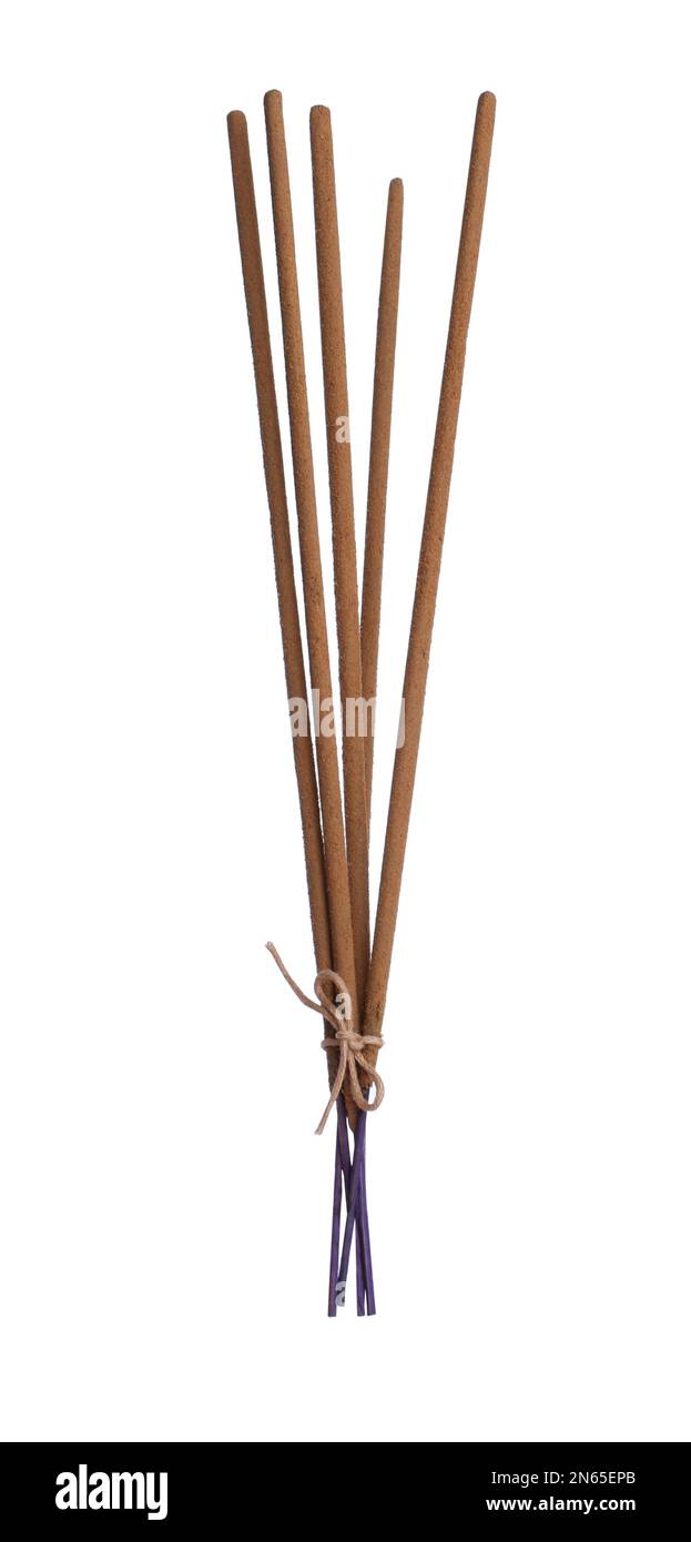 Many aromatic incense sticks tied with twine on white background Stock ...