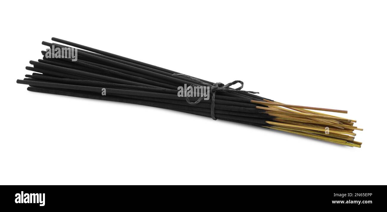 Many aromatic incense sticks tied with twine on white background Stock ...