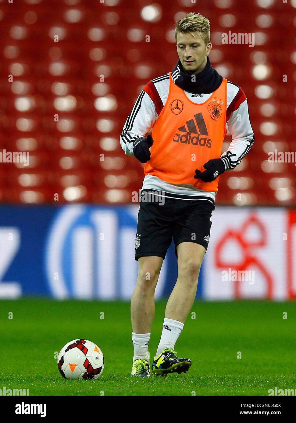 German soccer team player Marco Reus controls the ball during a ...
