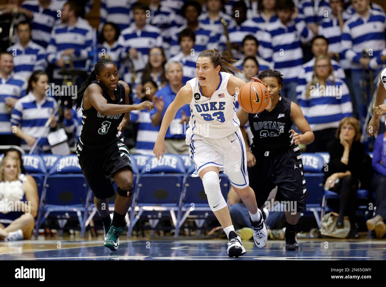 Duke's Haley Peters (33) drives up-court as USC Upstate's Travonda ...