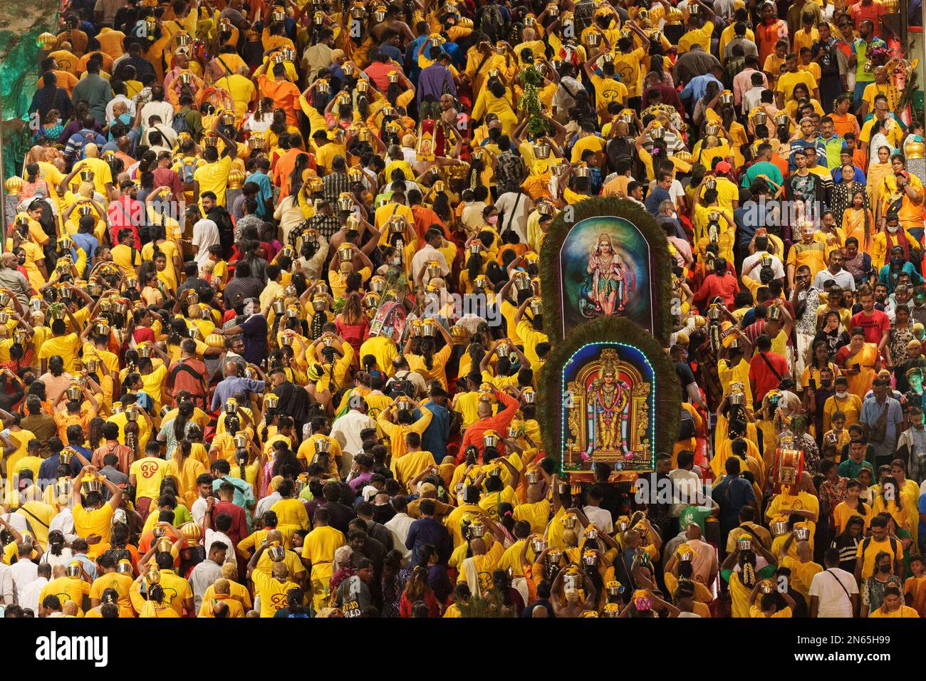 Hindu devotees carry decorated canopies called "kavadi", while climbing ...