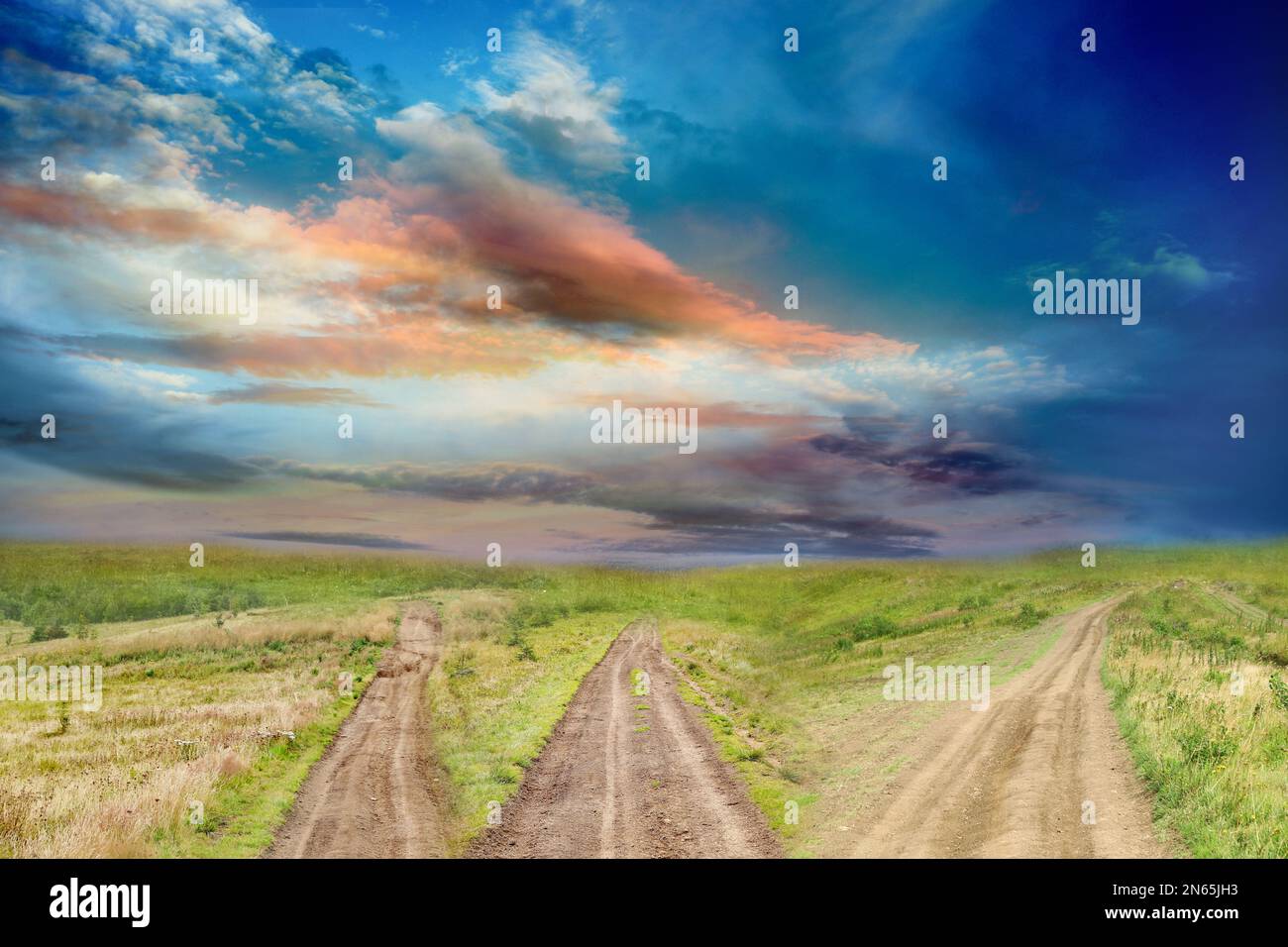 Choosing way. Picturesque landscape with different roads Stock Photo ...