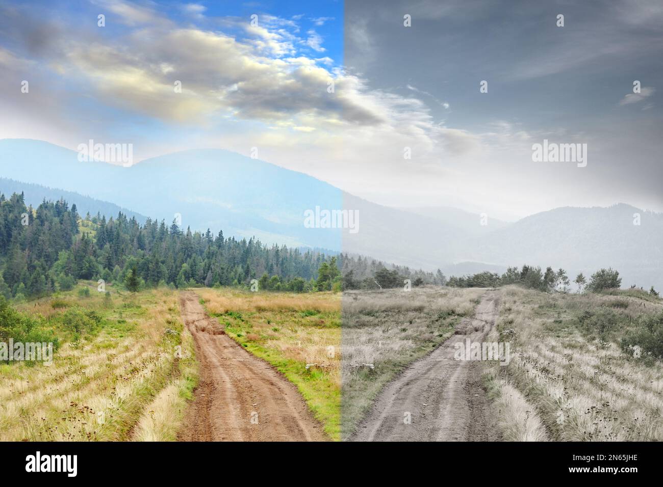 Choosing way. Landscape with different roads in mountains, collage ...