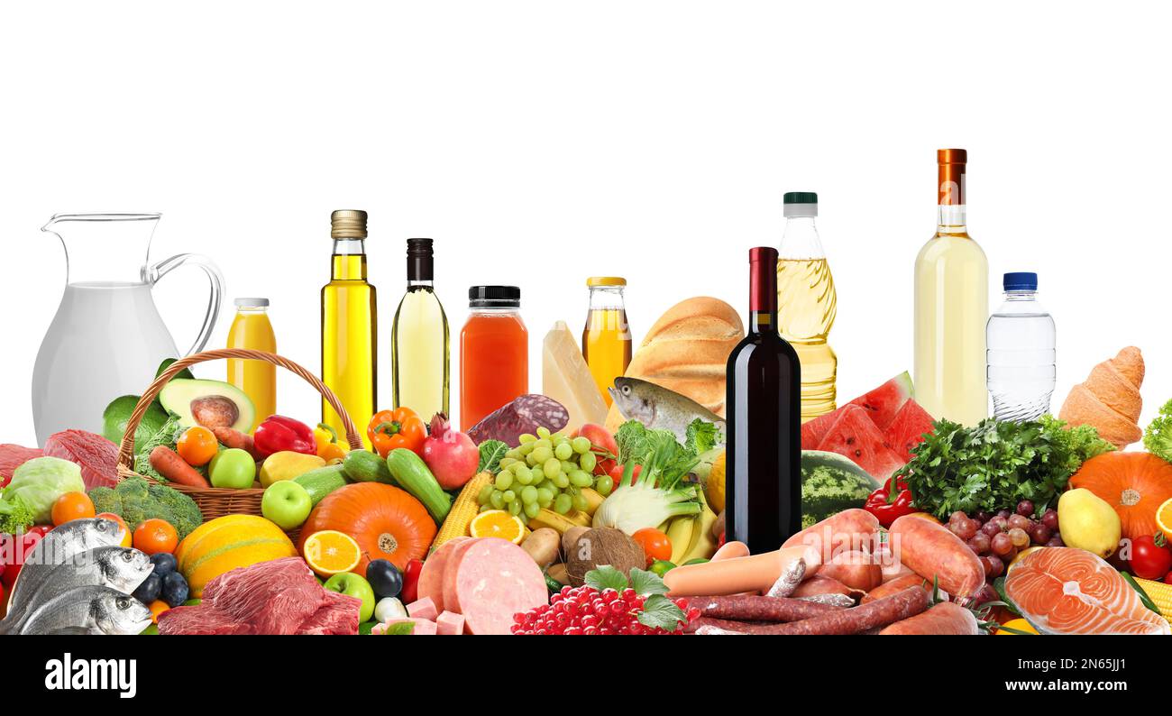 Assortment of fresh organic products on white background. Balanced food ...