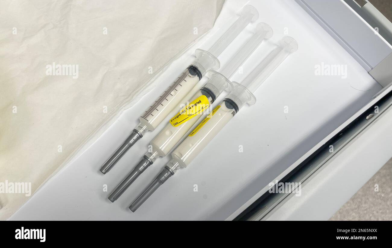 Hospital Drug Medications propofol and blood syringe Stock Photo - Alamy
