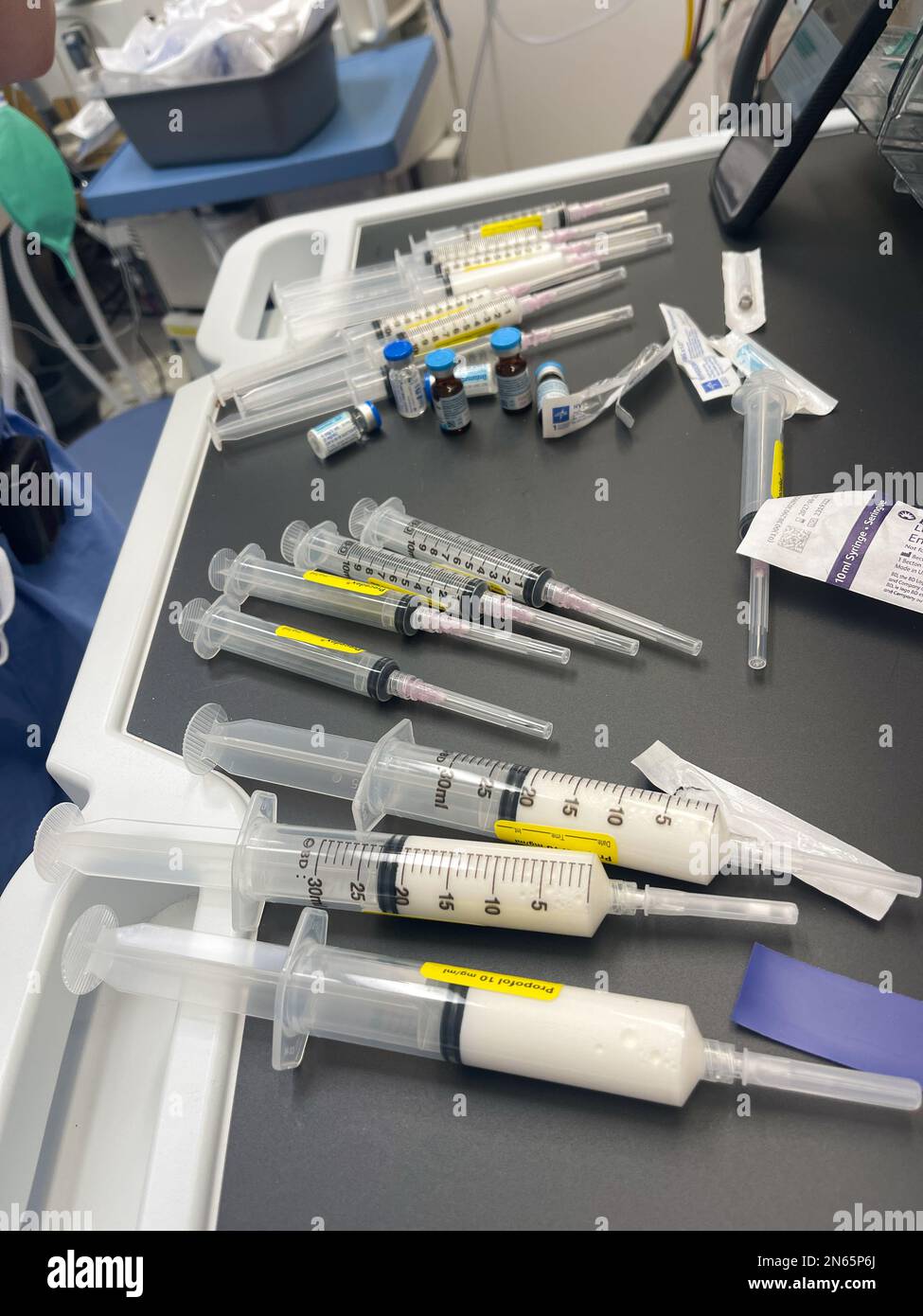 Hospital Drug Medications propofol and blood syringe Stock Photo - Alamy