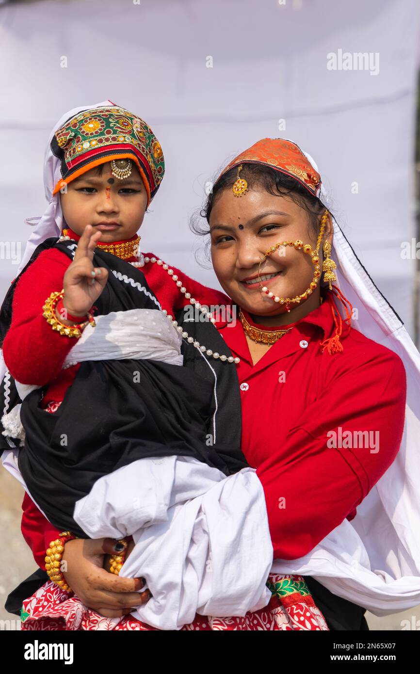 Portrait of a tribal women from the state of Uttarakhand India wearing ...