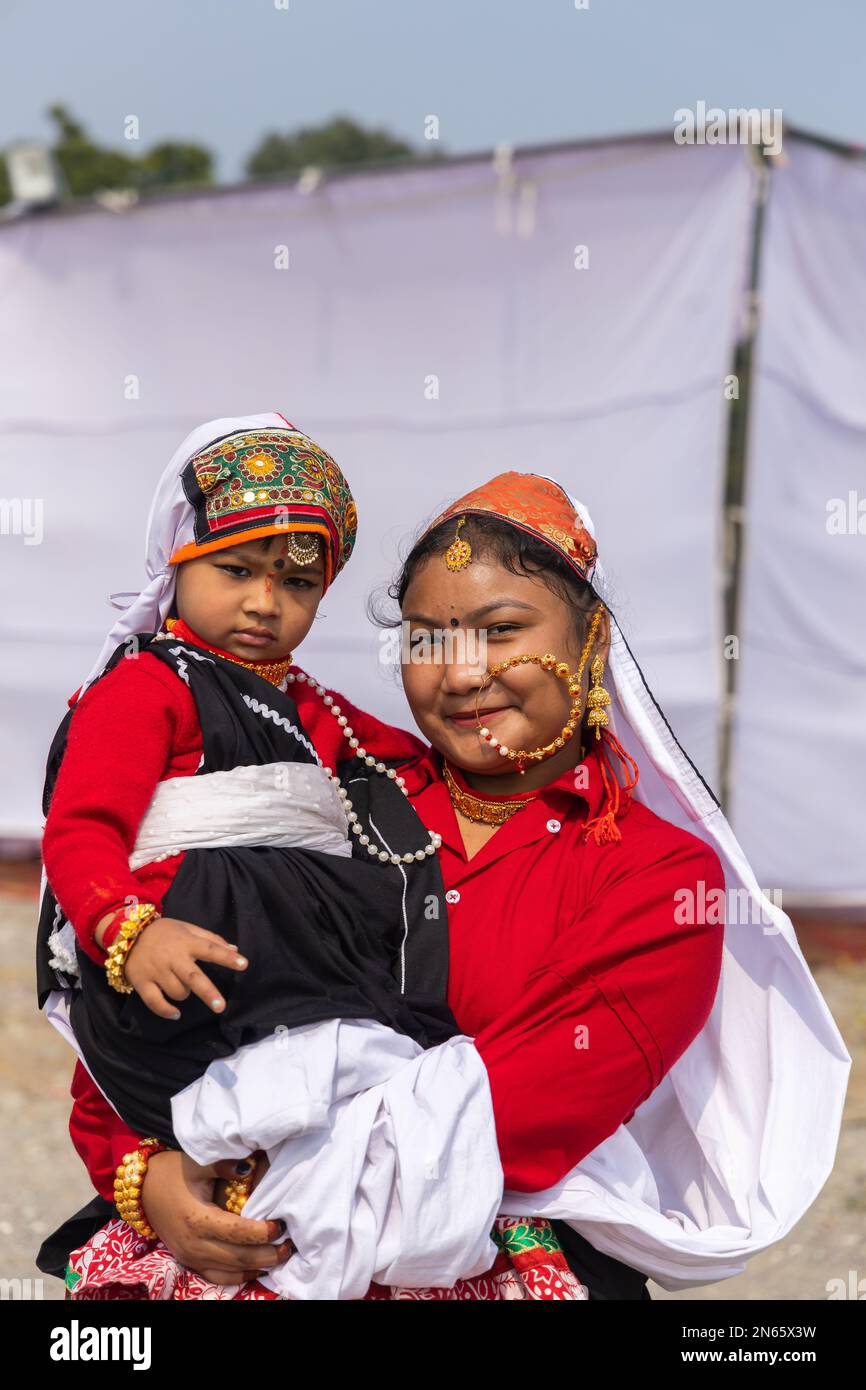 Portrait of a tribal women from the state of Uttarakhand India wearing ...