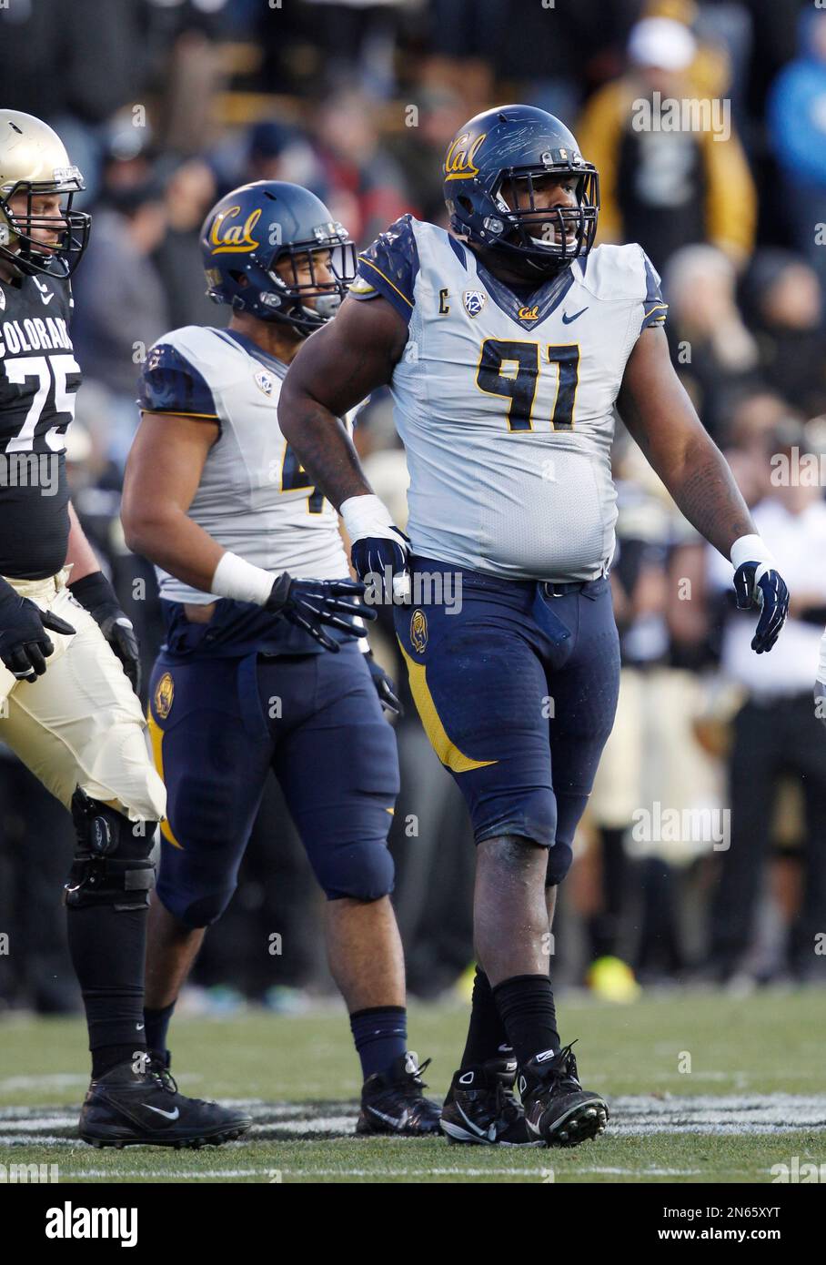 California defensive tackle Deandre Coleman gets up after play against ...